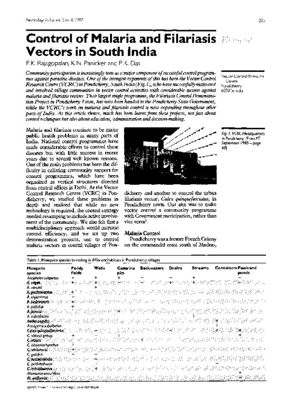 (PDF) Control of malaria and filariasis vectors in South India