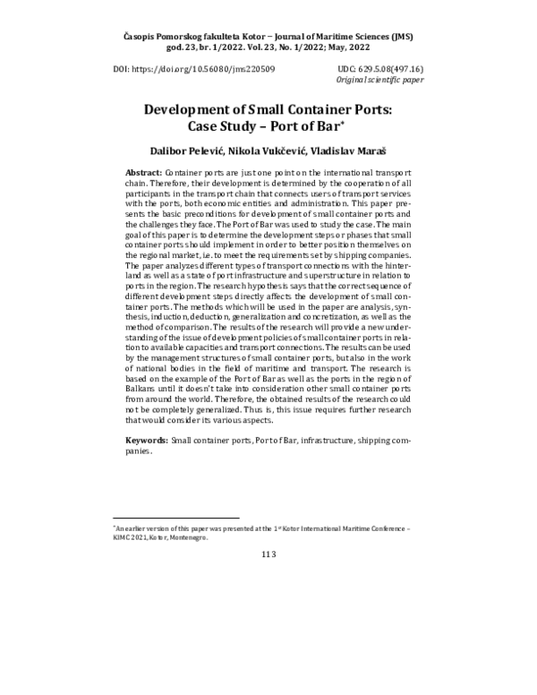 (PDF) Development of Small Container Ports: Case Study – Port of Bar