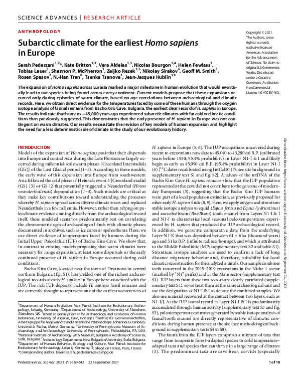 (PDF) Subarctic climate for the earliestHomo sapiensin Europe