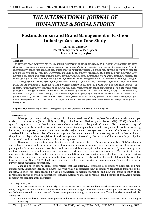 (PDF) Postmodernism and Brand Management in Fashion Industry: Zara as a Case Study