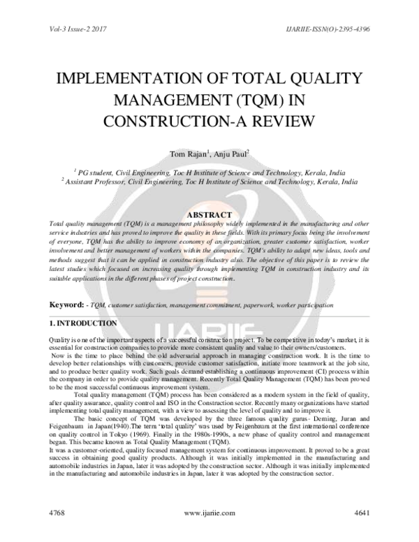 (PDF) Implementation of Total Quality Management (TQM) in Construction ...