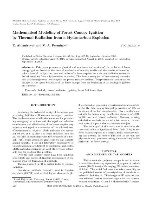 (PDF) Mathematical Modeling of Forest Canopy Ignition by Thermal Radiation from a Hydrocarbon ...