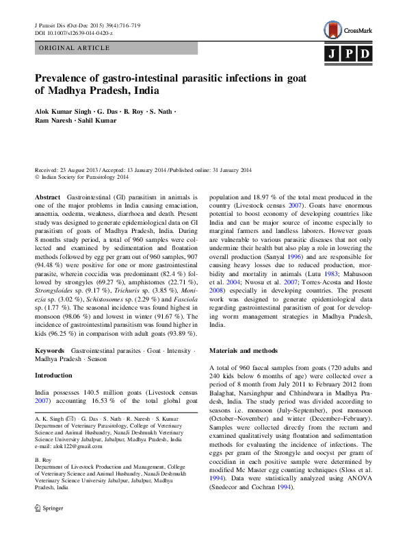 (PDF) Prevalence of gastro-intestinal parasitic infections in goat of ...