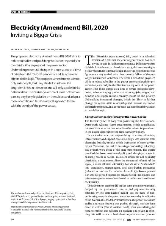 (PDF) Electricity (amendment) bill, 2020 inviting a bigger crisis
