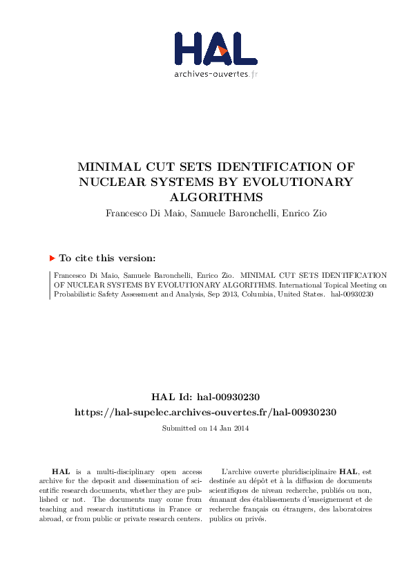 (PDF) Minimal Cut Sets Identification of Nuclear Systems by Evolutionary Algorithms