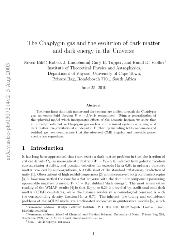 (PDF) The Chaplygin gas and the evolution of dark matter and dark ...