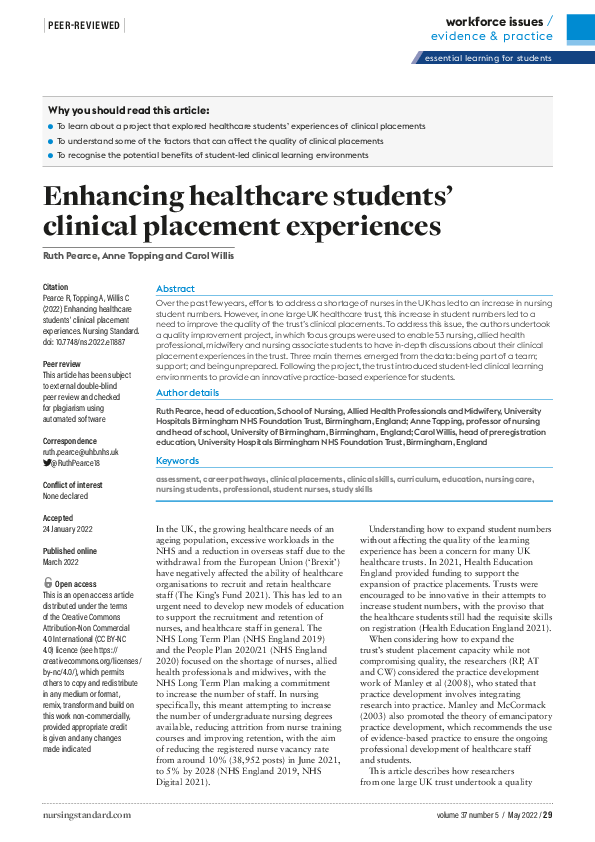 (PDF) Enhancing healthcare students’ clinical placement experiences