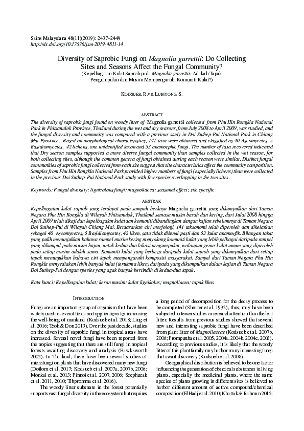 (PDF) Diversity of Saprobic Fungi on Magnolia garrettii: Do Collecting ...