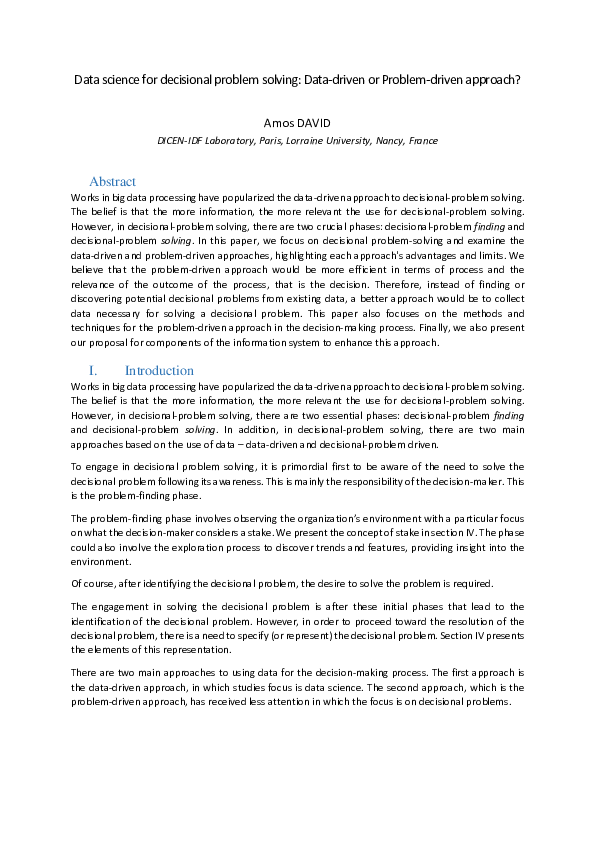 (PDF) Data science for decisional problem solving: Data-driven or Problem-driven approach
