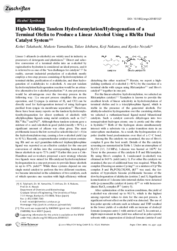 (PDF) High-Yielding Tandem Hydroformylation/Hydrogenation of a Terminal ...