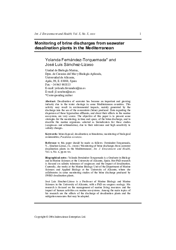 (PDF) Monitoring of brine discharges from seawater desalination plants ...
