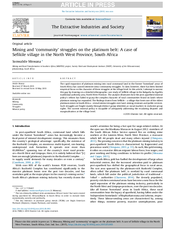 (PDF) Mining and ‘community’ struggles on the platinum belt: A case of ...