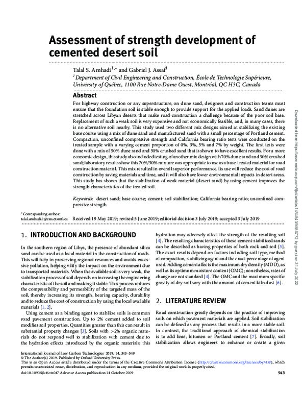 (PDF) Assessment of strength development of cemented desert soil