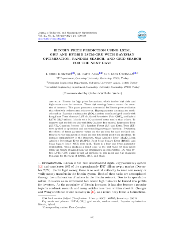 Pdf Bitcoin Price Prediction Using Lstm Gru And Hybrid Lstm Gru With Bayesian Optimization