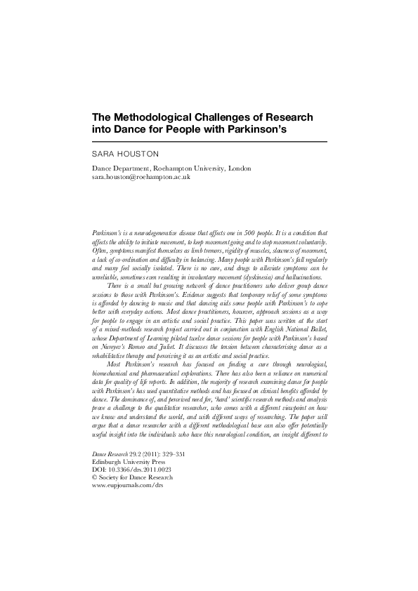 (PDF) The Methodological Challenges of Research into Dance for People with Parkinson's | Sara ...
