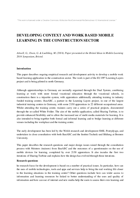 (PDF) Developing context and work based mobile learning in the Construction sector