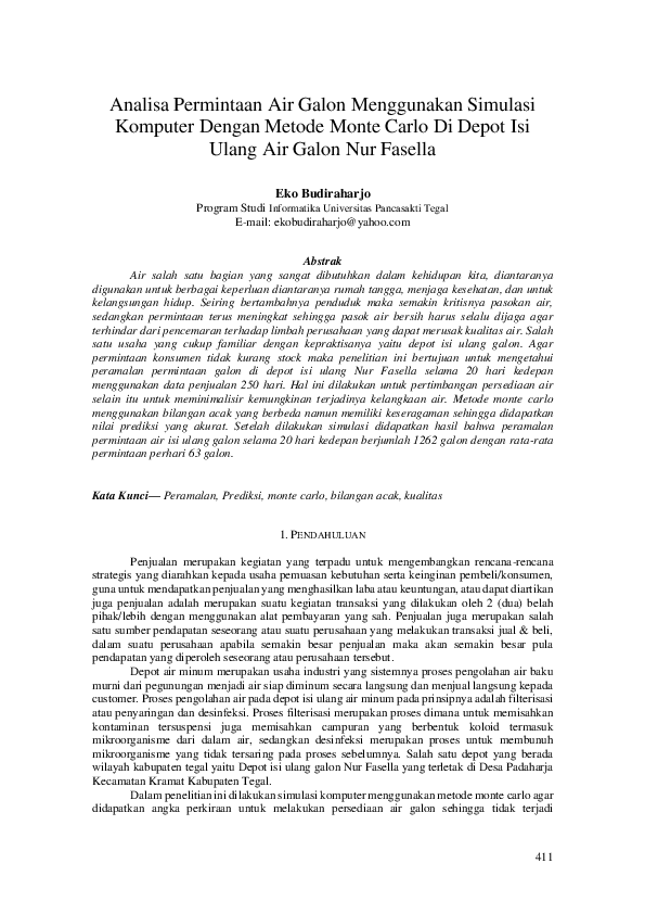 (PDF) Analisa Permintaan Air Galon Menggunakan Simulasi Komputer Dengan Metode Monte Carlo di ...