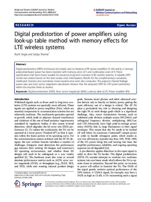 (PDF) Digital predistortion of power amplifiers using look-up table ...