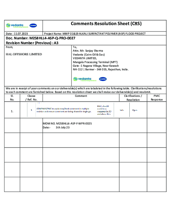 (PDF) Comments Resolution Sheet (CRS
