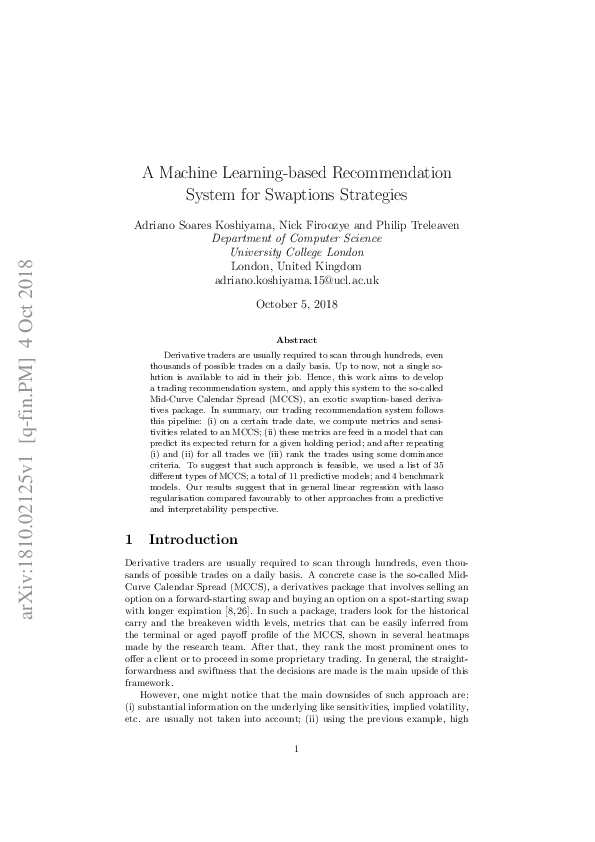 (PDF) A Machine Learning-based Recommendation System for Swaptions ...