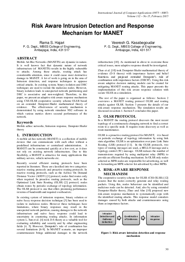 Pdf Adaptive Risk Aware Response For Manet Security