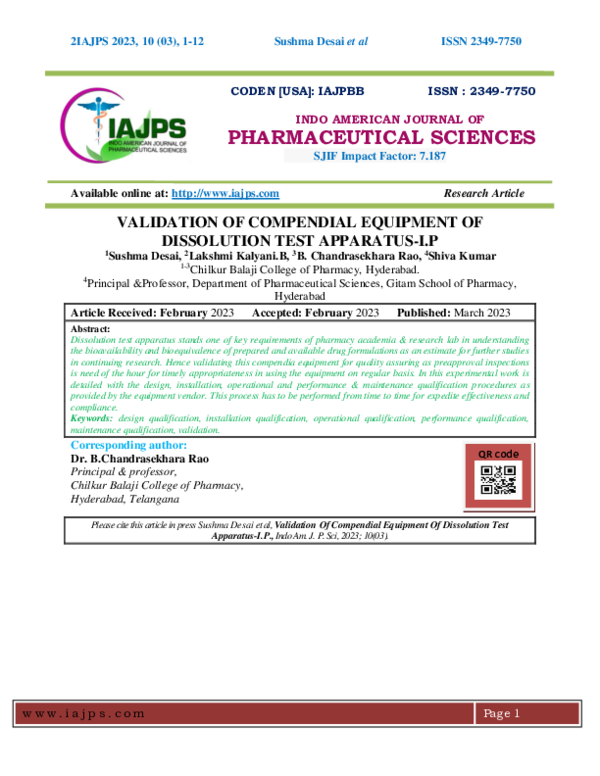 (PDF) Validation of Compendial Equipment of Dissolution Test APPARATUS-I.P