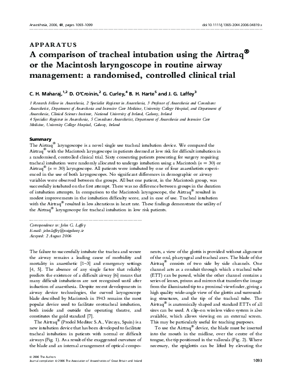 (PDF) A comparison of tracheal intubation using the Airtraq or the ...