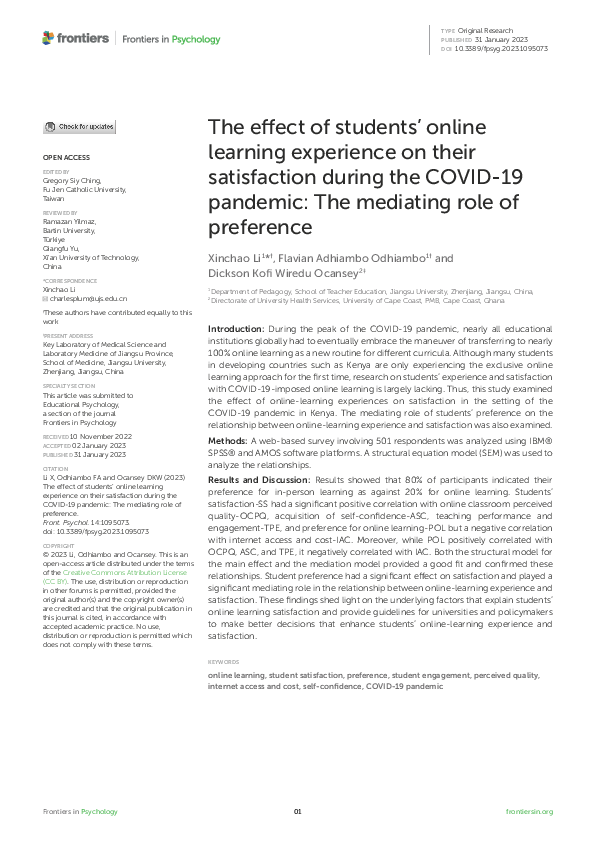 (PDF) The effect of students’ online learning experience on their satisfaction during the COVID ...
