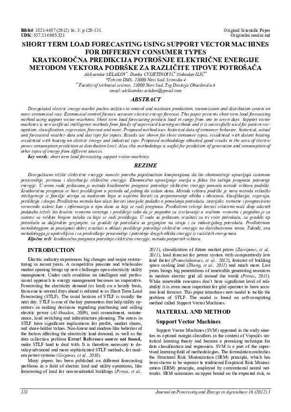 (PDF) Short term load forecasting using support vector machines for different consumer types