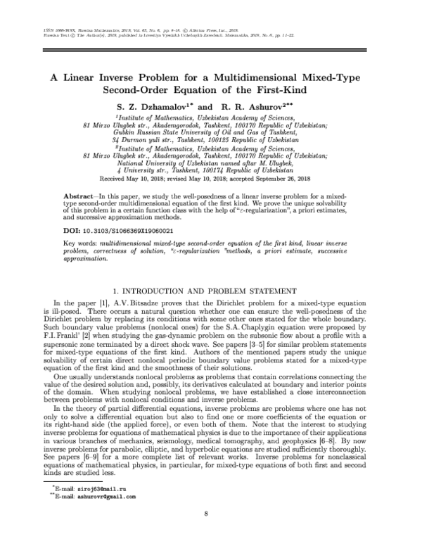(PDF) A Linear Inverse Problem for a Multidimensional Mixed-Type Second-Order Equation of the ...