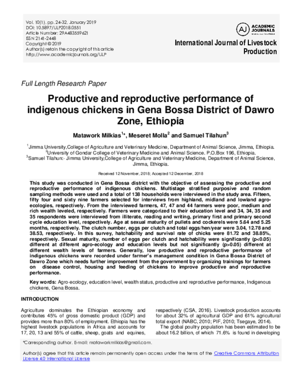 (PDF) Productive and reproductive performance of indigenous chickens in ...