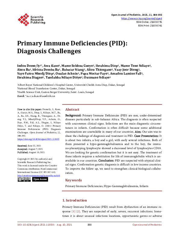 (PDF) Primary Immune Deficiencies (PID): Diagnosis Challenges