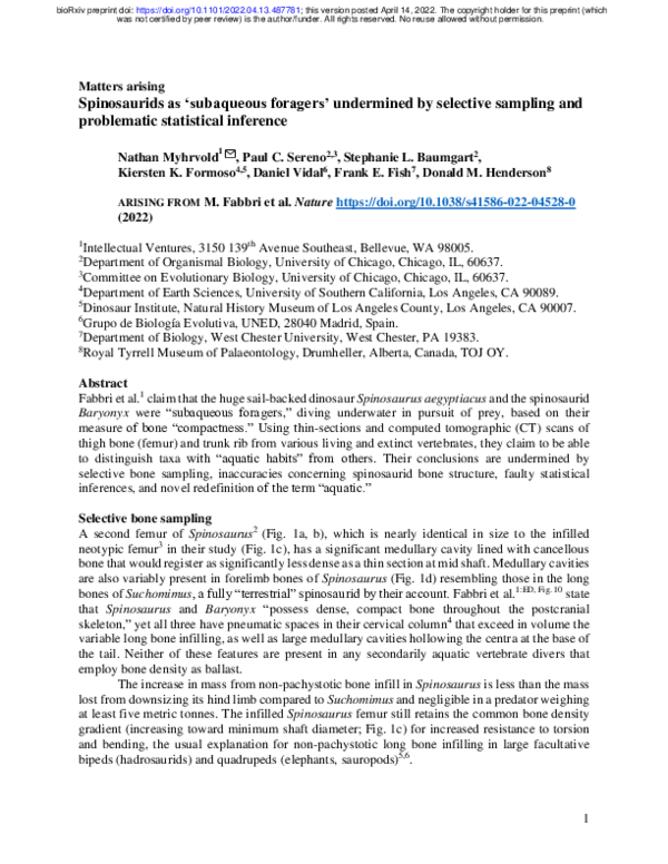 (PDF) Spinosaurids as ‘subaqueous foragers’ undermined by selective sampling and problematic ...