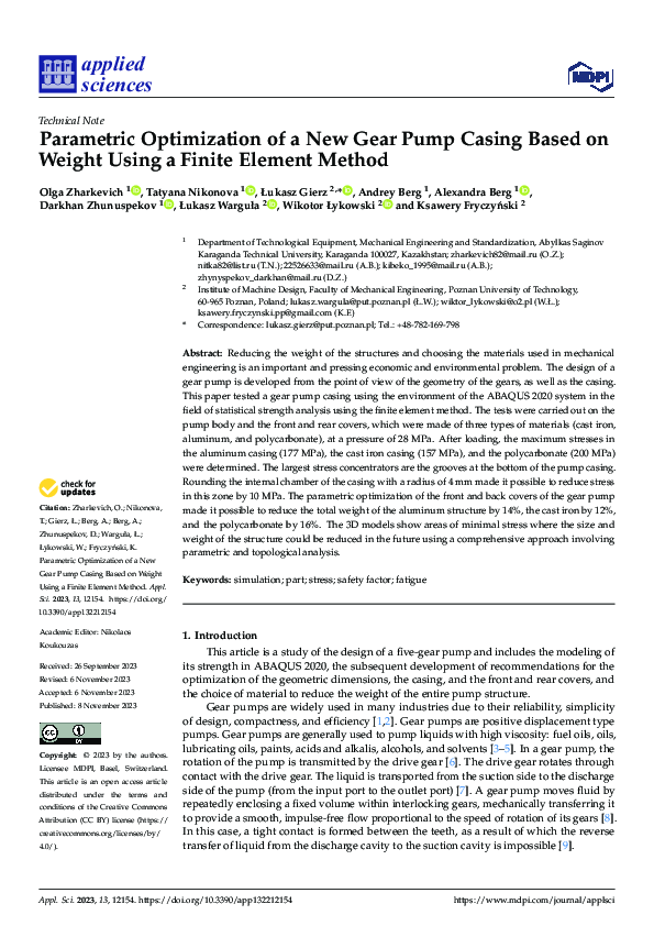 (PDF) Parametric Optimization of a New Gear Pump Casing Based on Weight Using a Finite Element ...