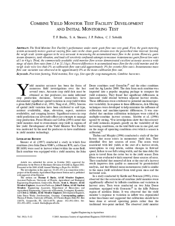 (PDF) Combine Yield Monitor Test Facility Development and Initial ...