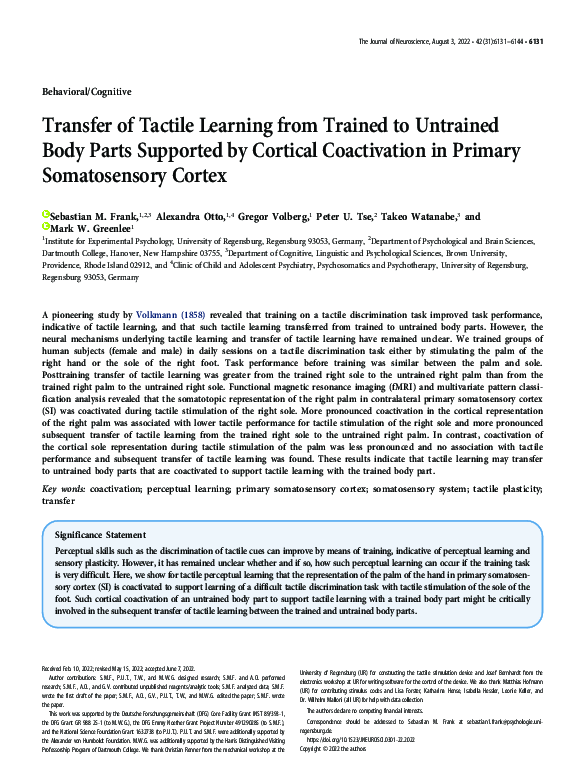 (PDF) Transfer of Tactile Learning from Trained to Untrained Body Parts ...