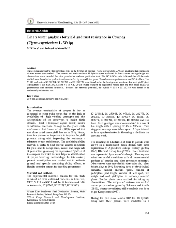 (PDF) Line x tester analysis for yield and rust resistance in Cowpea ...