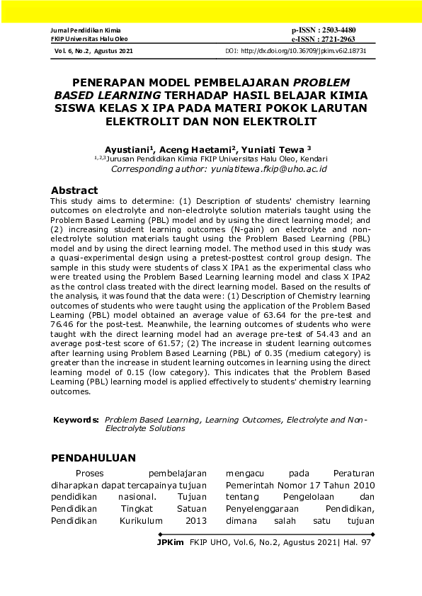 (PDF) Penerapan Model Pembelajaran Problem Based Learning Terhadap ...