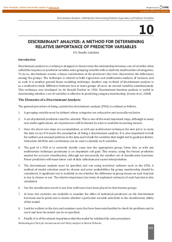 (PDF) Discriminant Analysis: A method for determiningRelative importance of predictor variables