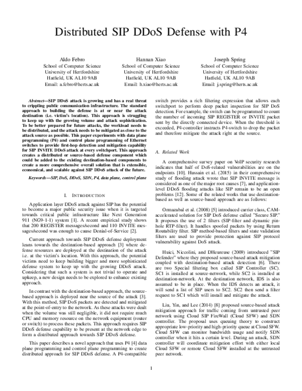 (PDF) Distributed SIP DDoS Defense with P4