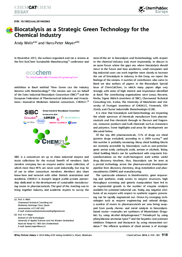 (PDF) Biocatalysis as a Strategic Green Technology for the Chemical ...