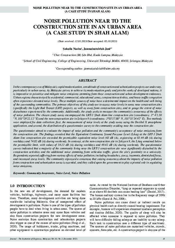 (PDF) Noise Pollution Near to the Construction Site in an Urban Area (A ...