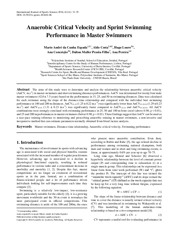 (PDF) Anaerobic Critical Velocity and Sprint Swimming Performance in ...