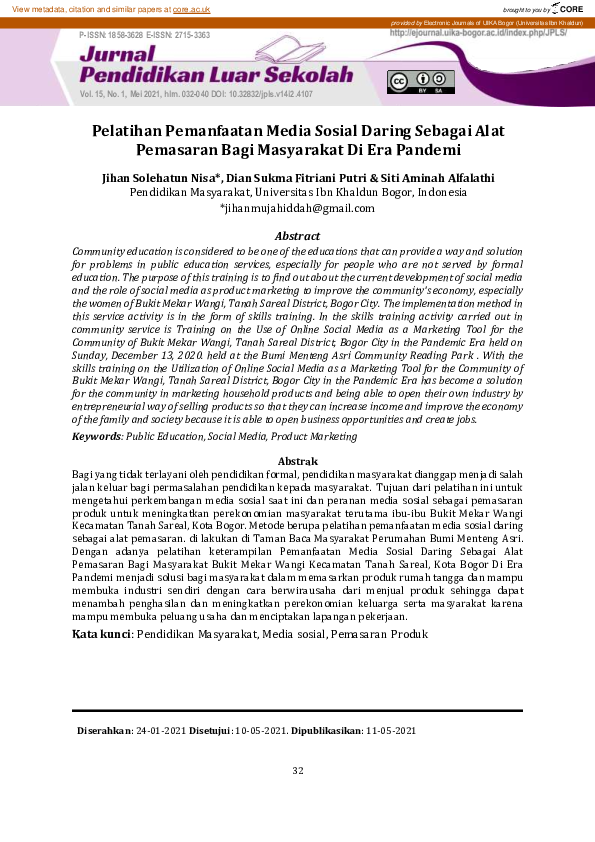 (PDF) Pelatihan Pemanfaatan Media Sosial Daring Sebagai Alat Pemasaran Bagi Masyarakat Di Era ...