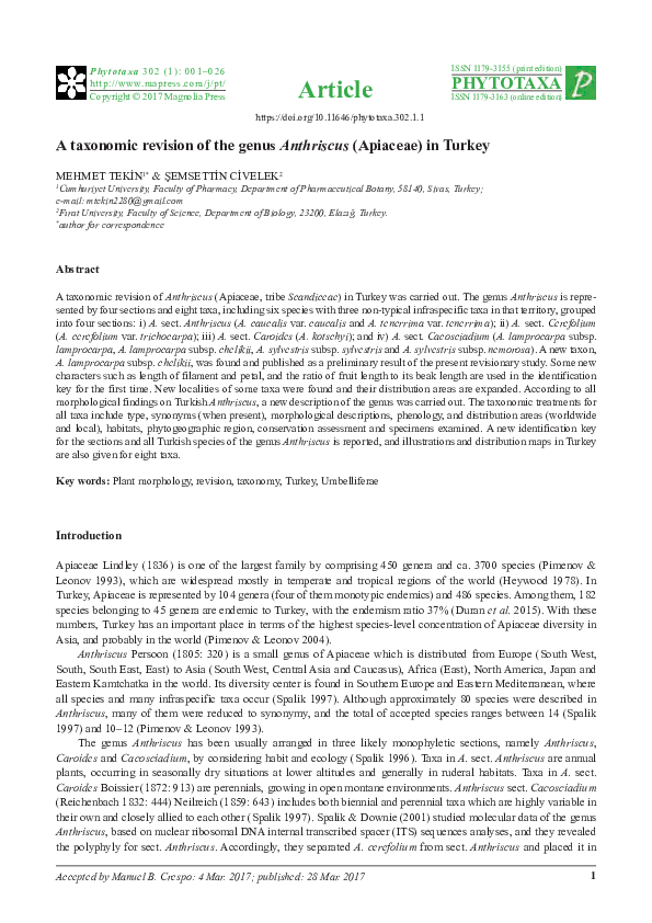 (PDF) A taxonomic revision of the genus Anthriscus (Apiaceae) in Turkey