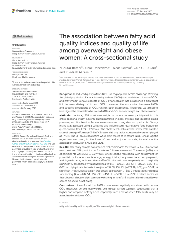 (PDF) The association between fatty acid quality indices and quality of ...