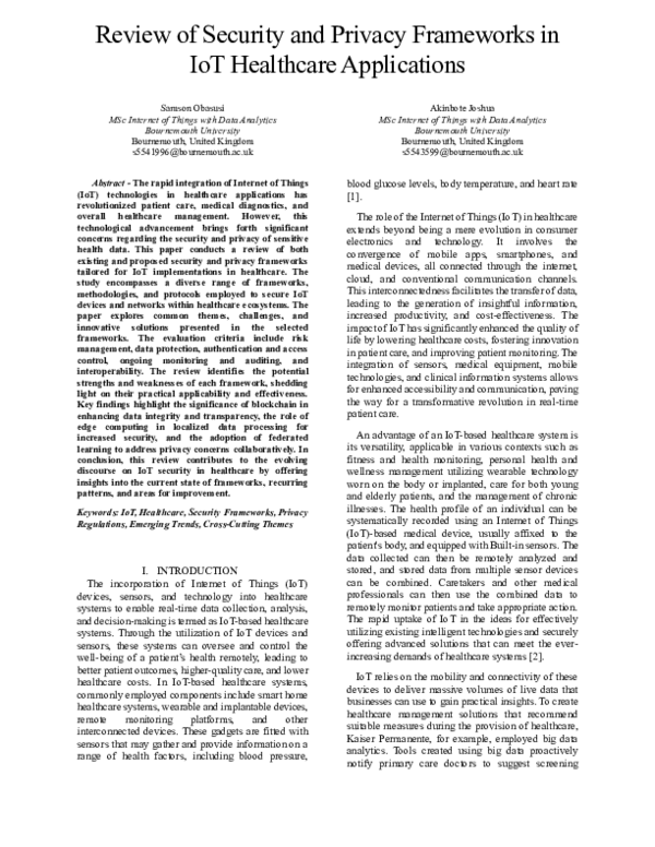 (PDF) Review of Security and Privacy Frameworks in IoT Healthcare Applications