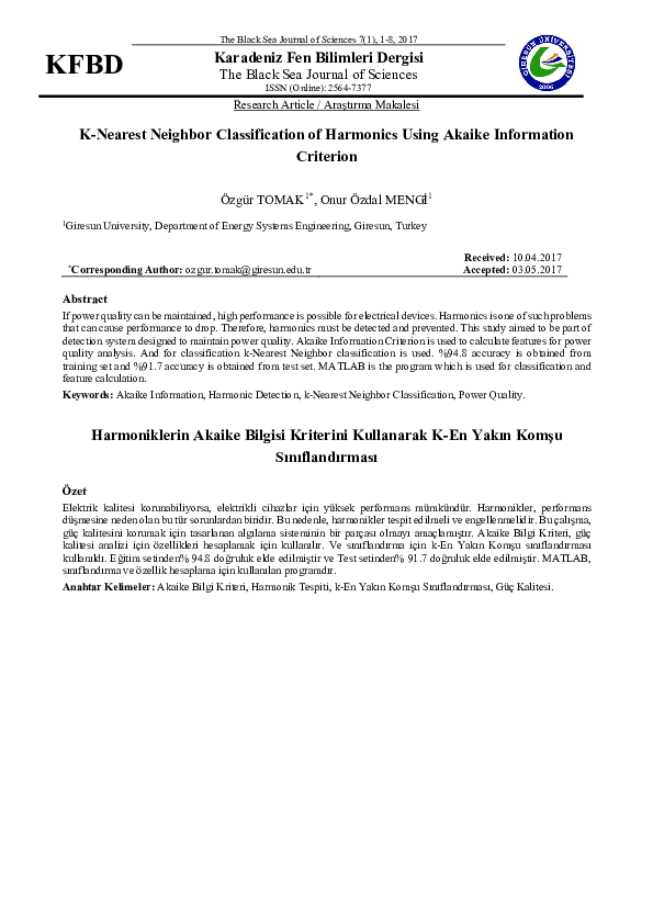 (PDF) K-Nearest Neighbor Classification of Harmonics Using Akaike Information Criterion