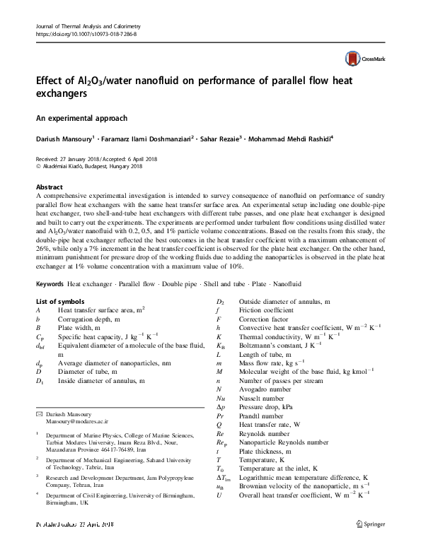 (PDF) Effect of Al2O3/water nanofluid on performance of parallel flow heat exchangers