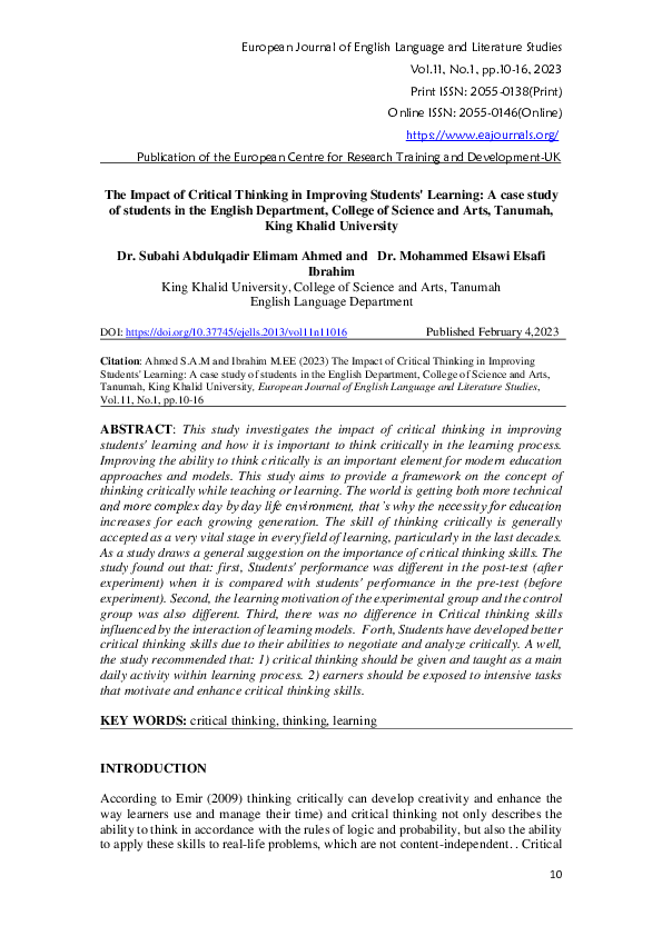 (PDF) The Impact of Critical Thinking in Improving Students’ Learning ...
